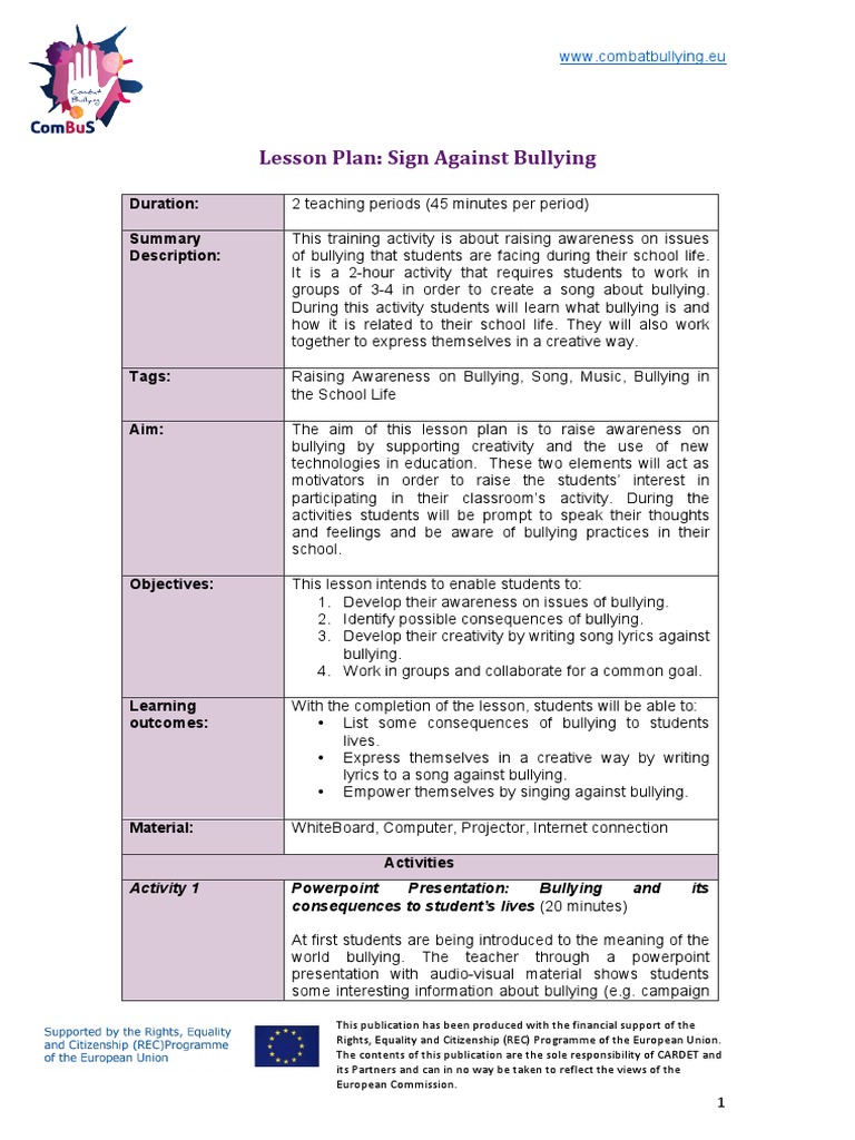 Songs Against Bullying: Lesson Plan | PDF | Lesson Plan | Bullying