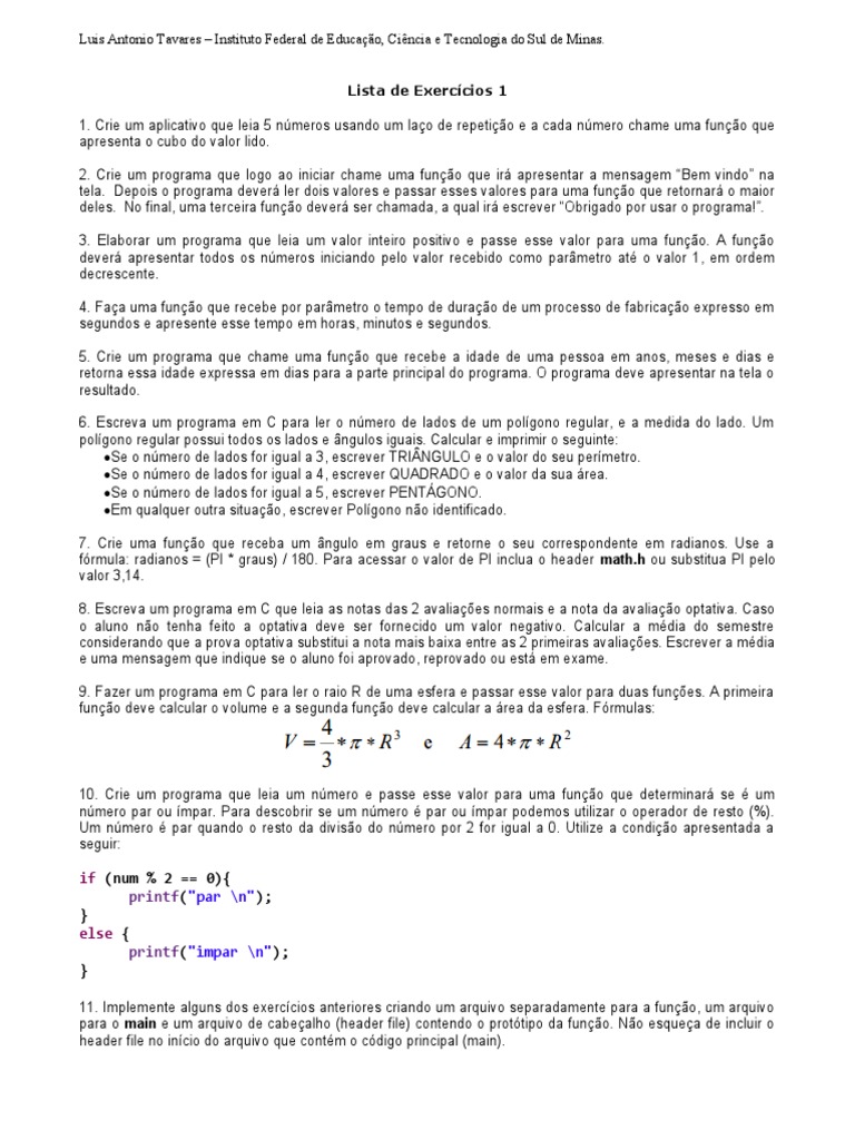 Linguagem C - Lista de Exercícios | PDF | Somatório | Pi
