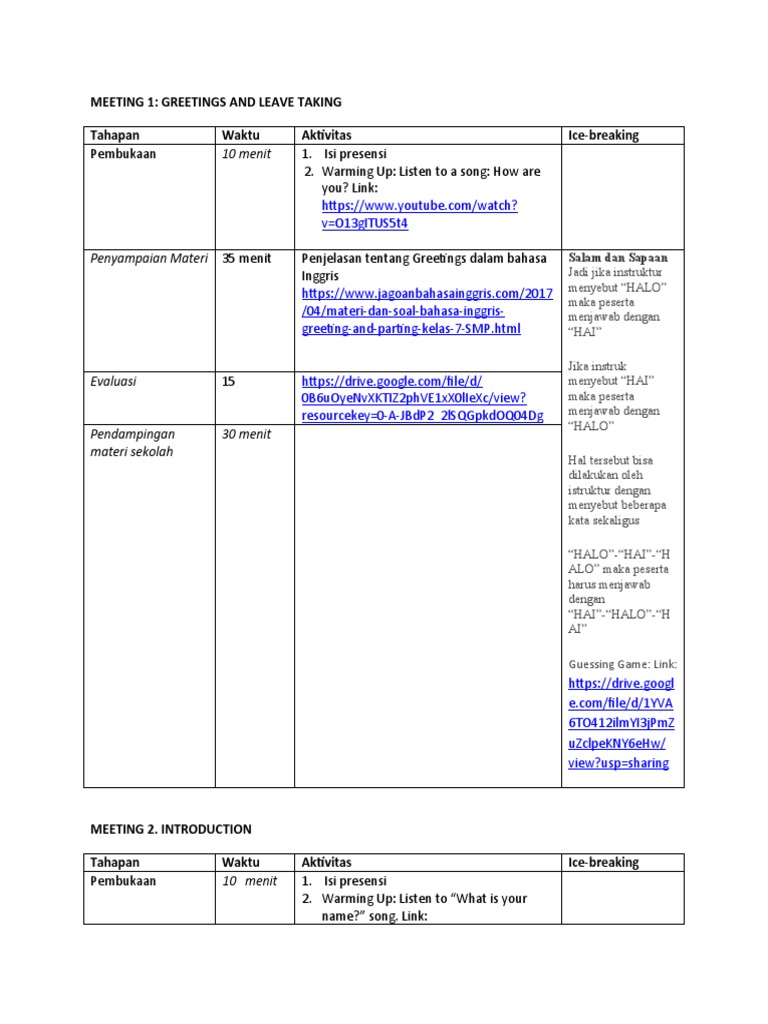 Lesson Plan Kelas 7 Bahasa Inggris-1 | PDF