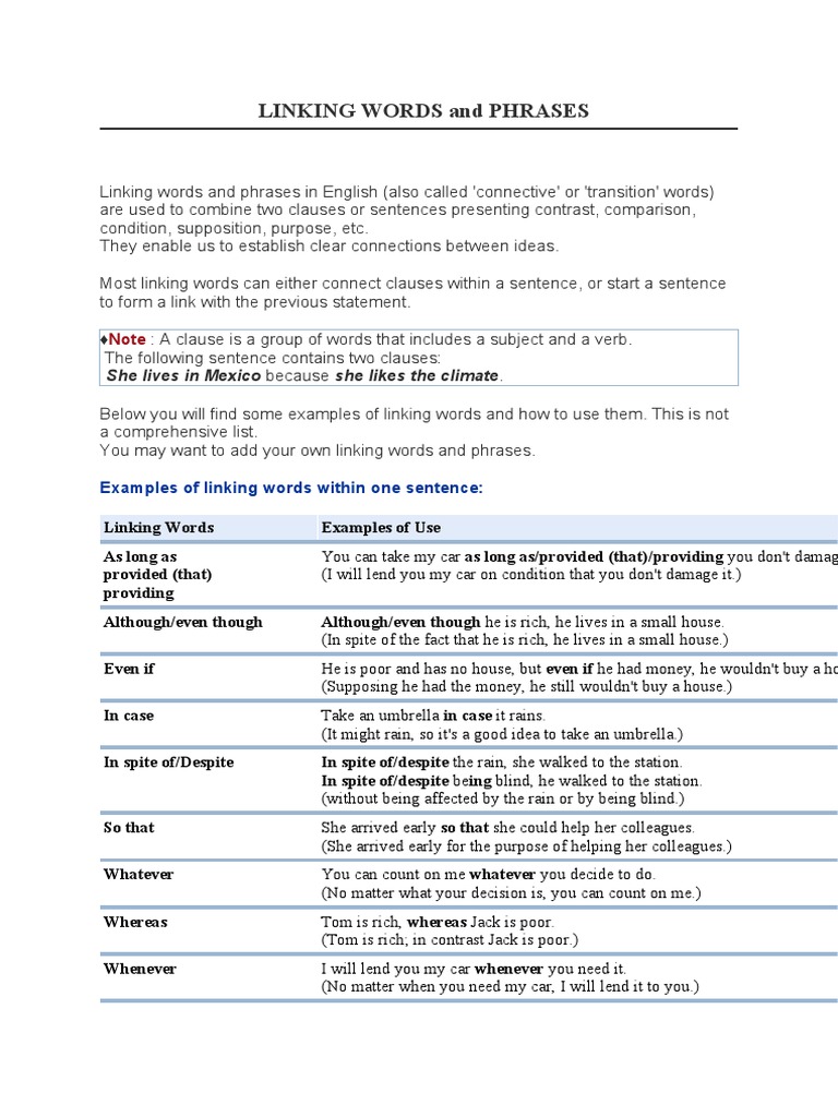 Linking Words and Phrases | PDF | Comma | Grammar