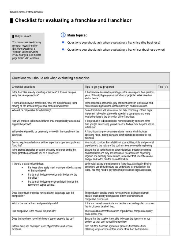 Checklist Evaluating Franchise Franchisor | PDF | Franchising ...