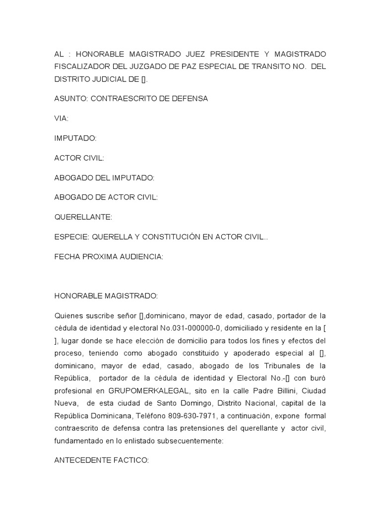 Querella Con Constitucion en Actor Civil Ley 63-17 | PDF | Queja | Ley ...