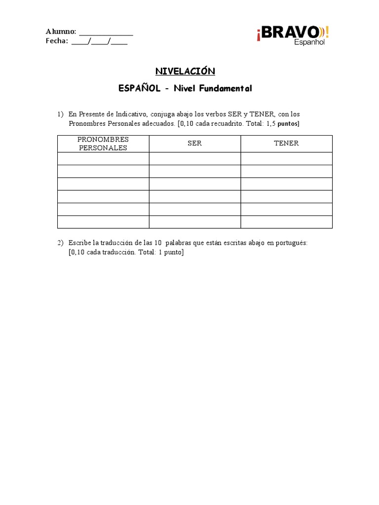 Evaluación de nivelación de español para estudiantes principiantes ...
