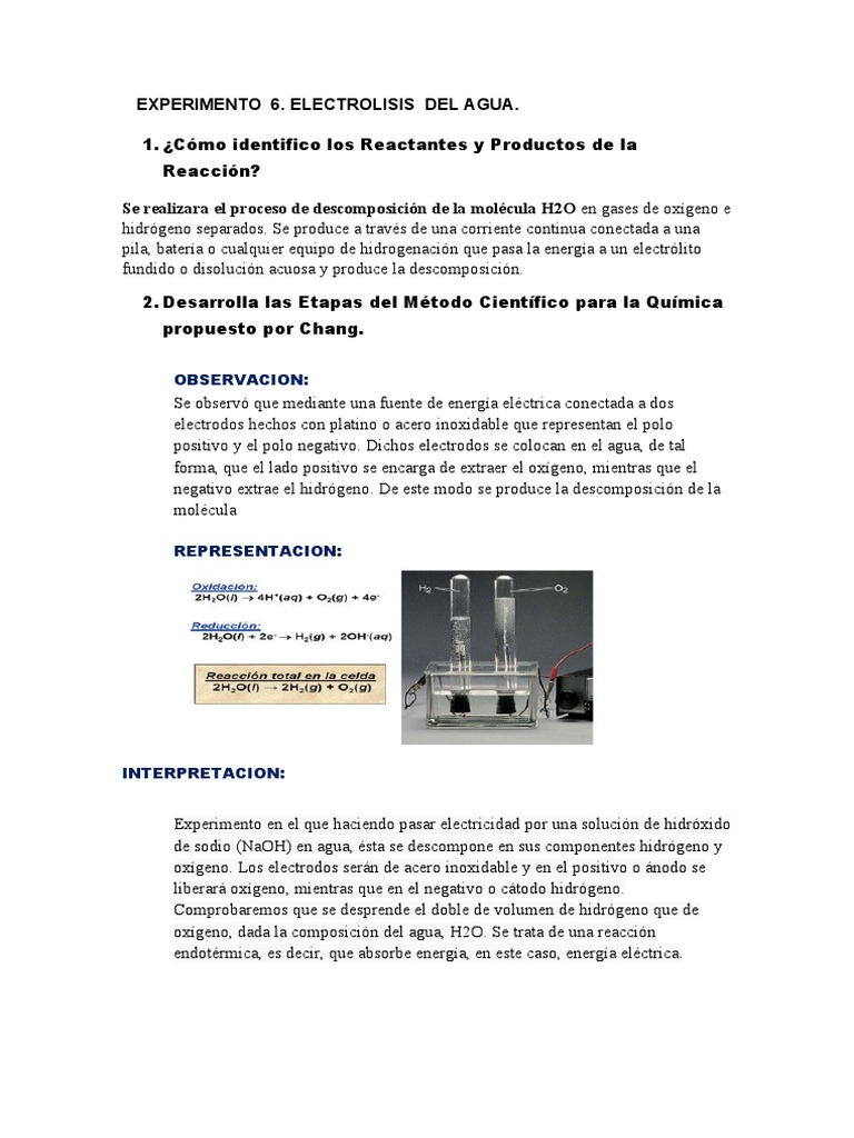 Experimento 6. Electrolisis Del Agua. | PDF