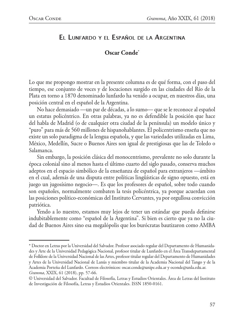 El Lunfardo El Español en La Argentina Oscar Conde | PDF