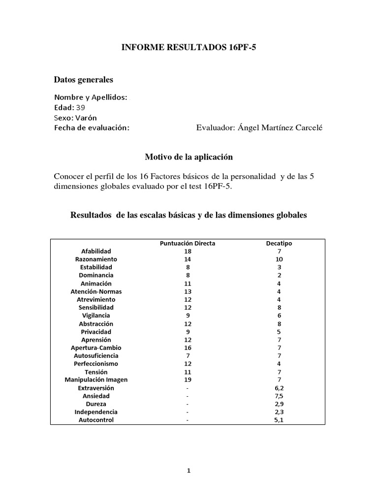 Informe Resultados 16 PF 5 | PDF | Sicología | Ciencias del comportamiento