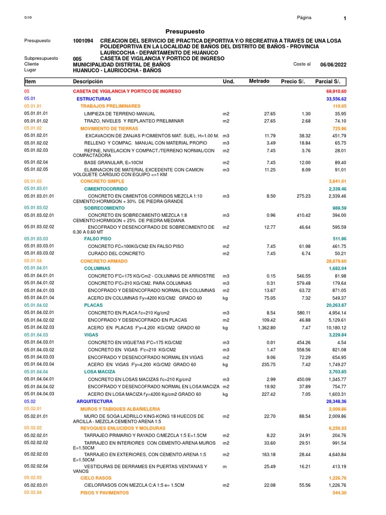 Presupuesto Caseta de Vig. | PDF | Elementos arquitectónicos | Ingeniero civil