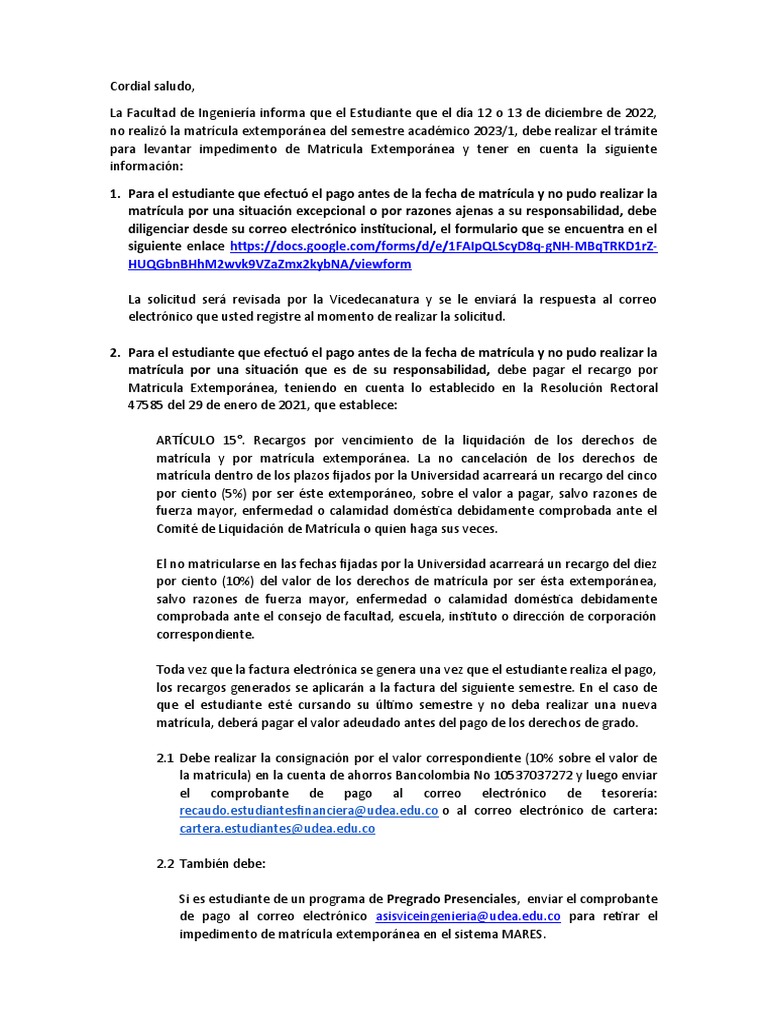 Circular Matricula Extemporánea Semestre 2023-1 | PDF Circular Matricula Extemporánea Semestre 2023-1 | PDF