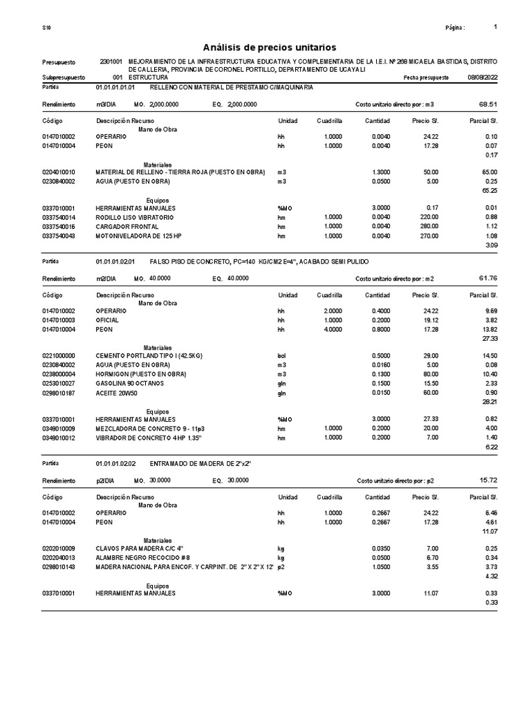 Análisis de Precios Unitarios: Página | PDF