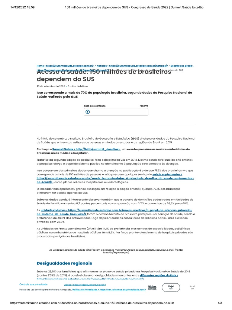 Acesso À Saúde 150 Milhões de Brasileiros Dependem Do SUS | PDF