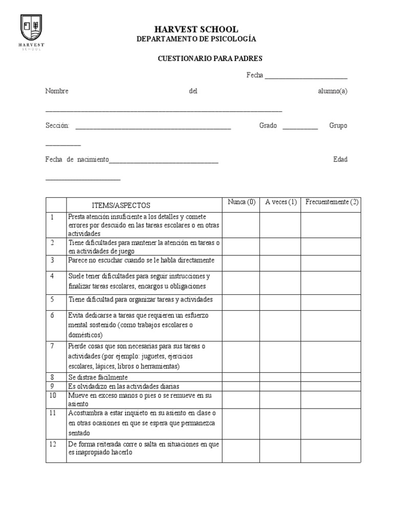 Cuestionario Tdah | PDF