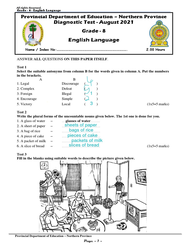 English Grade 8 Diagnostic Test Northern Province 2021 | PDF ...