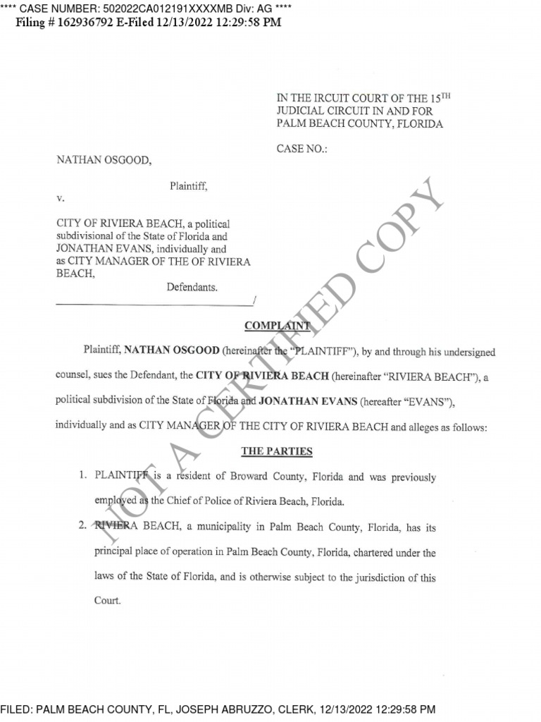 Former Chief Nathan Osgood Sues City of Riviera Beach | PDF