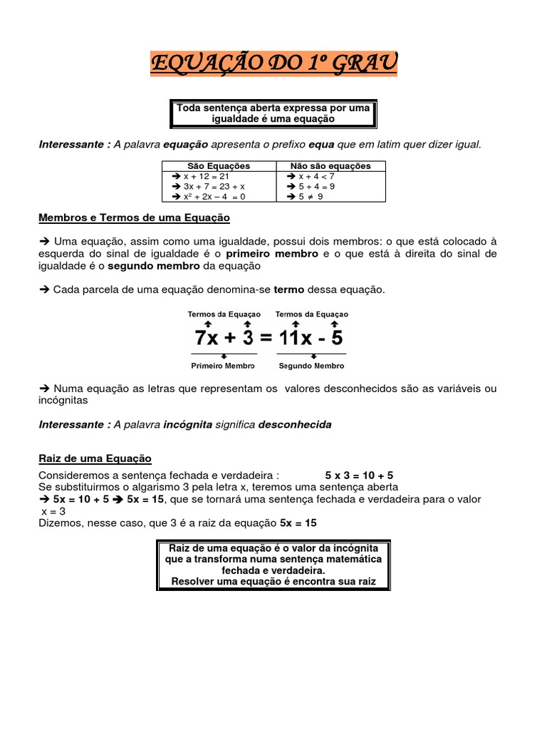 Equacao Do 1 Grau | PDF | Equações | Matemática
