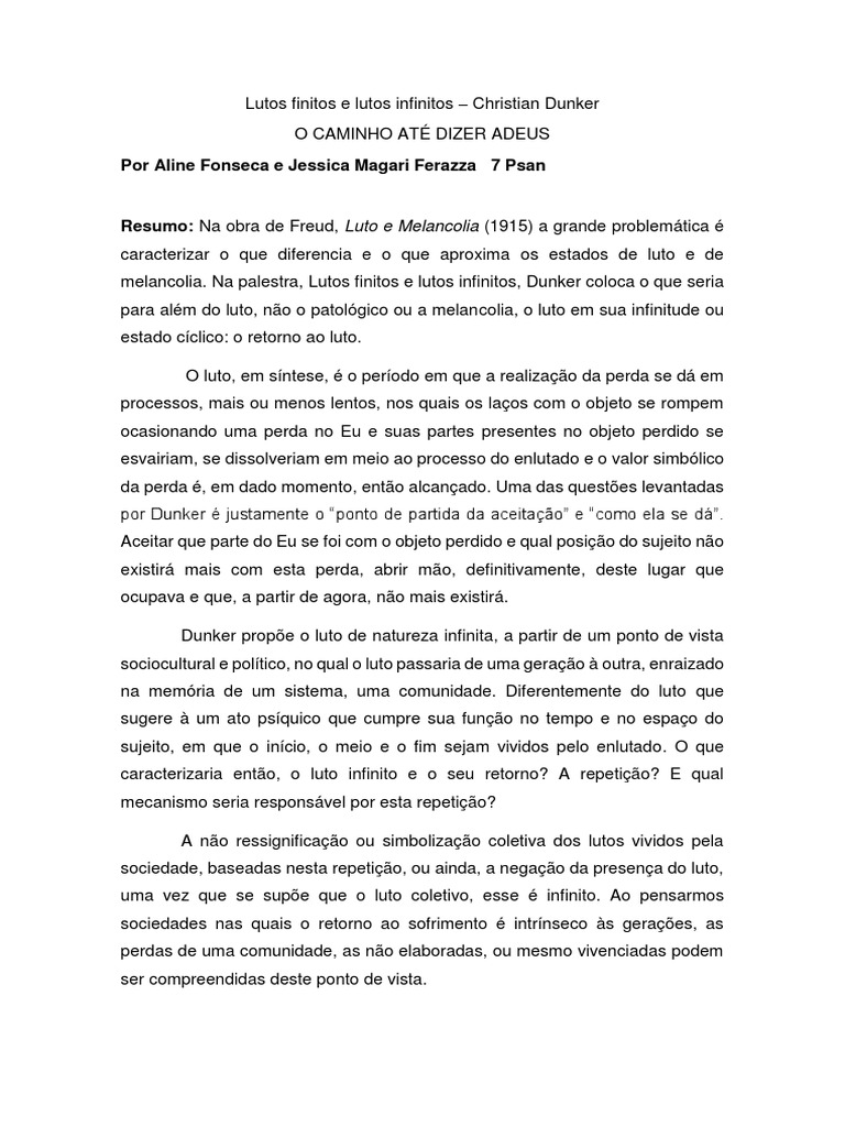 Texto Palestra Dunker Sobre Luto | PDF | Sigmund Freud | Brasil