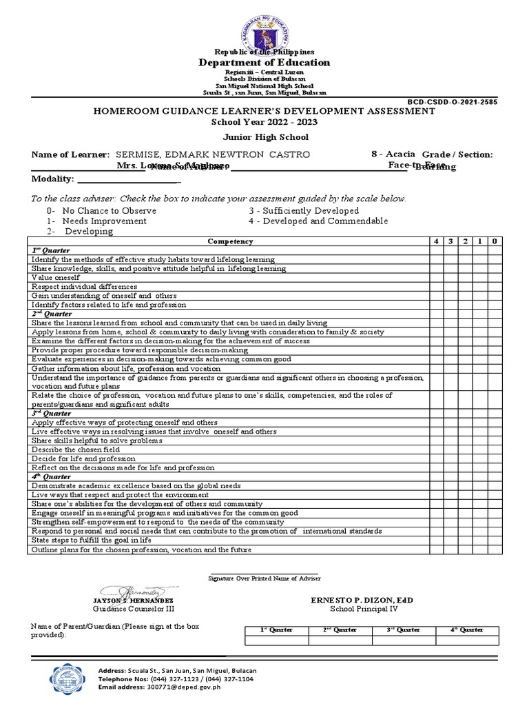 Homeroom Guidance Learners Development Assessment 2022 2023 | PDF ...