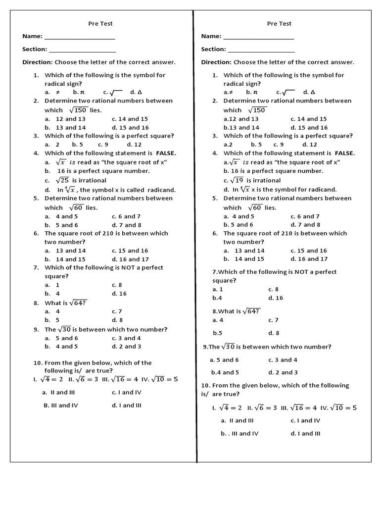 Rda Pretest Posttest Square Roots of A Number | PDF | Algebra ...