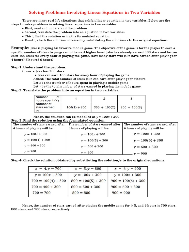 Solving Problems Involving Linear Equations in Two Variables | PDF ...