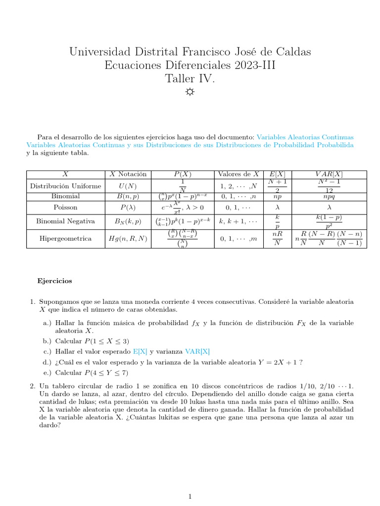 Taller Distribuciones Discretas y Continuas | PDF | Función de densidad de probabilidad ...