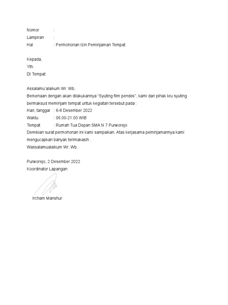 Surat Pinjam Tempat | PDF