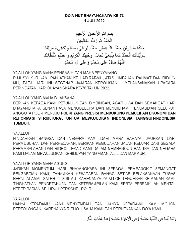 Do'a Hut Bhayangkara Ke-76 Juli 2022 | PDF