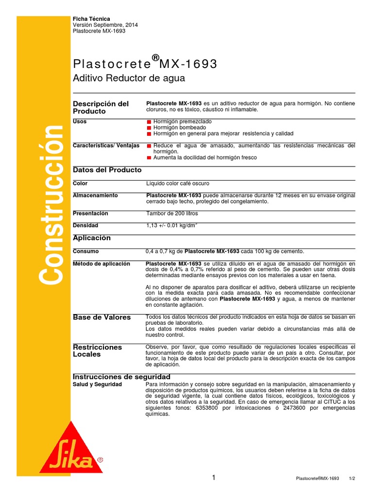 Plastocrete MX 1693 | PDF | Hormigón | Agua