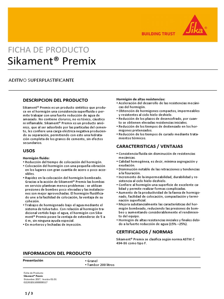 Sikament Premix | Descargar gratis PDF | Hormigón | Materiales