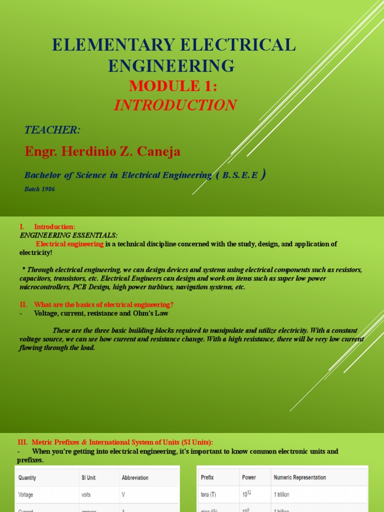 Elementary Electrical Engineering - MODULE 1 - Introduction | PDF Elementary Electrical Engineering - MODULE 1 - Introduction | PDF