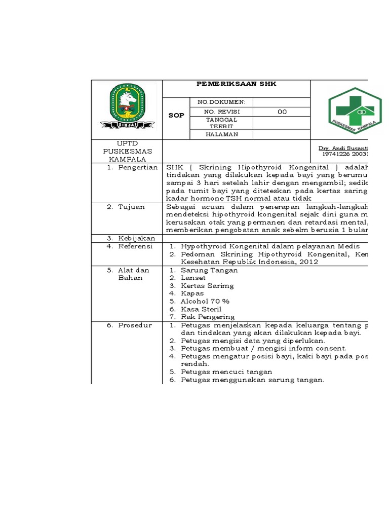 Sop Pemeriksaan SHK | PDF