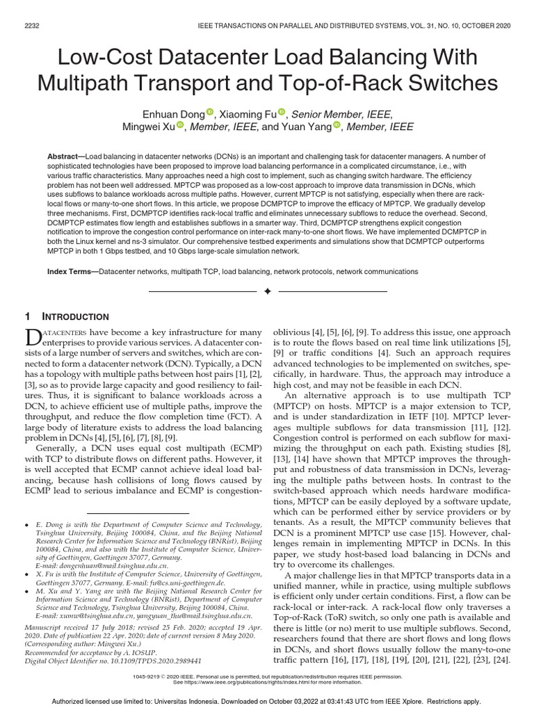 Low Cost Datacenter Load Balancing With Multipath Transport And Top Of Rack Switches Pdf