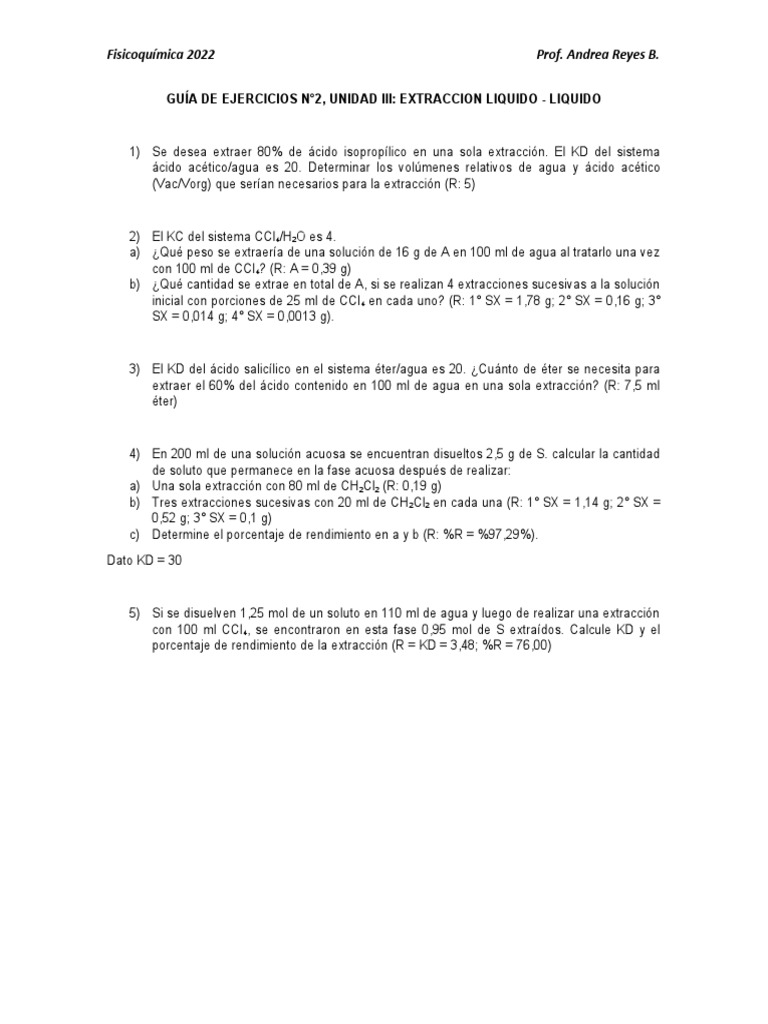 Guã A de Ejercicios Unidad Iii Extraccion Liquido Liquido Ii | PDF