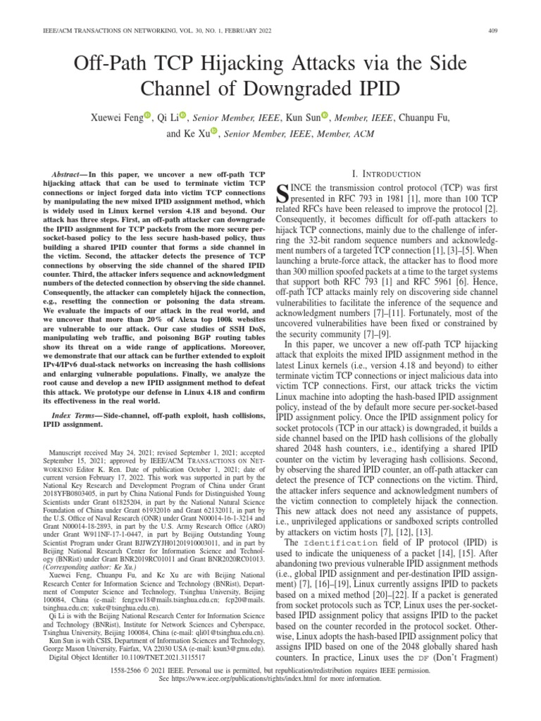 Off-Path TCP Hijacking Attacks Via The Side Channel of Downgraded IPID | PDF | Transmission ...