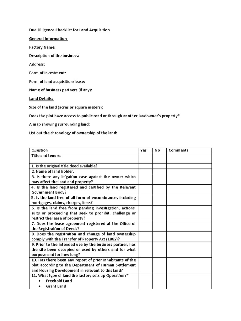 Land Acquisition Due Diligence Checklist | PDF | Justice | Crime & Violence