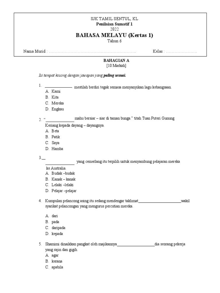 Kertas Peperiksaan BM Tahun 6 | PDF