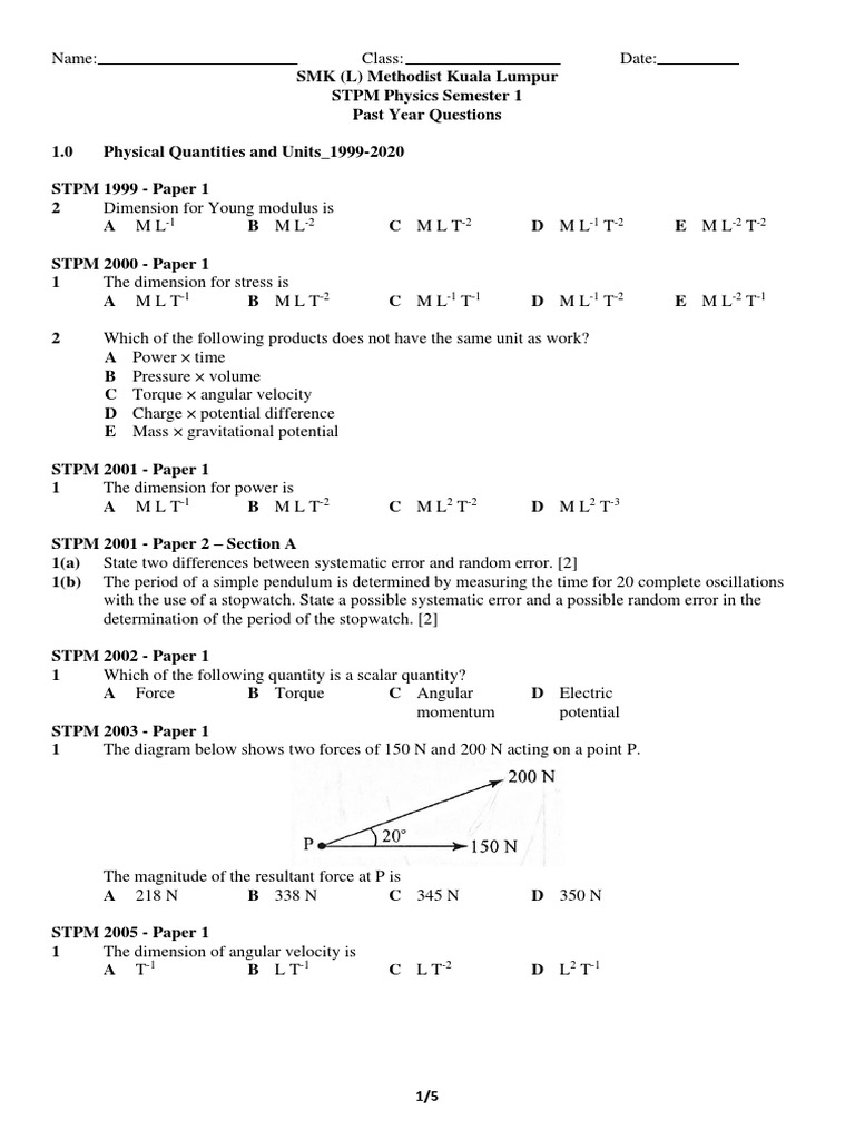 Past Year Chapter 1 Physical Quantities and Units 1999 2022 QnA | PDF | Observational Error | Force