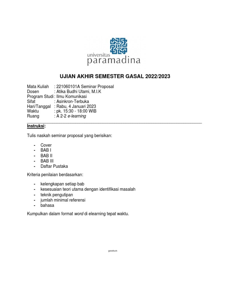 Uas Sempro Rabu Gasal 2022 2023 Ata | PDF