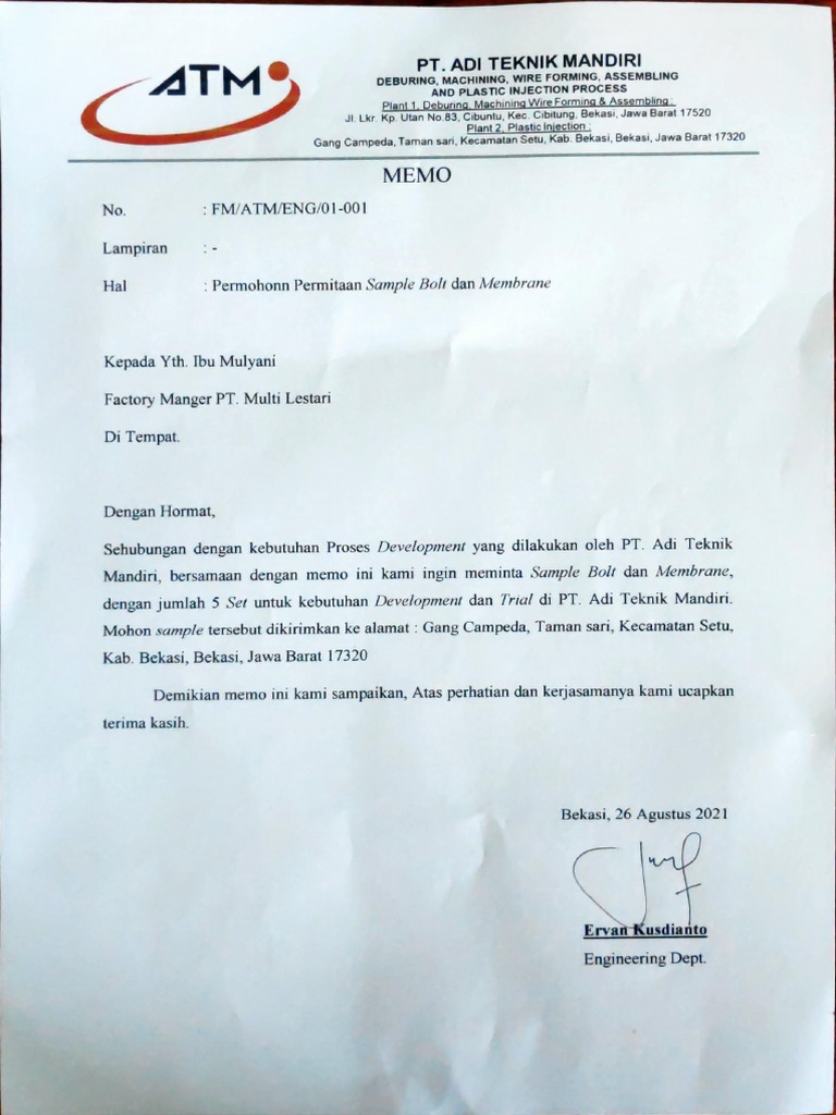 1.memo Permintaan Sample Retainer & Nut Set | PDF