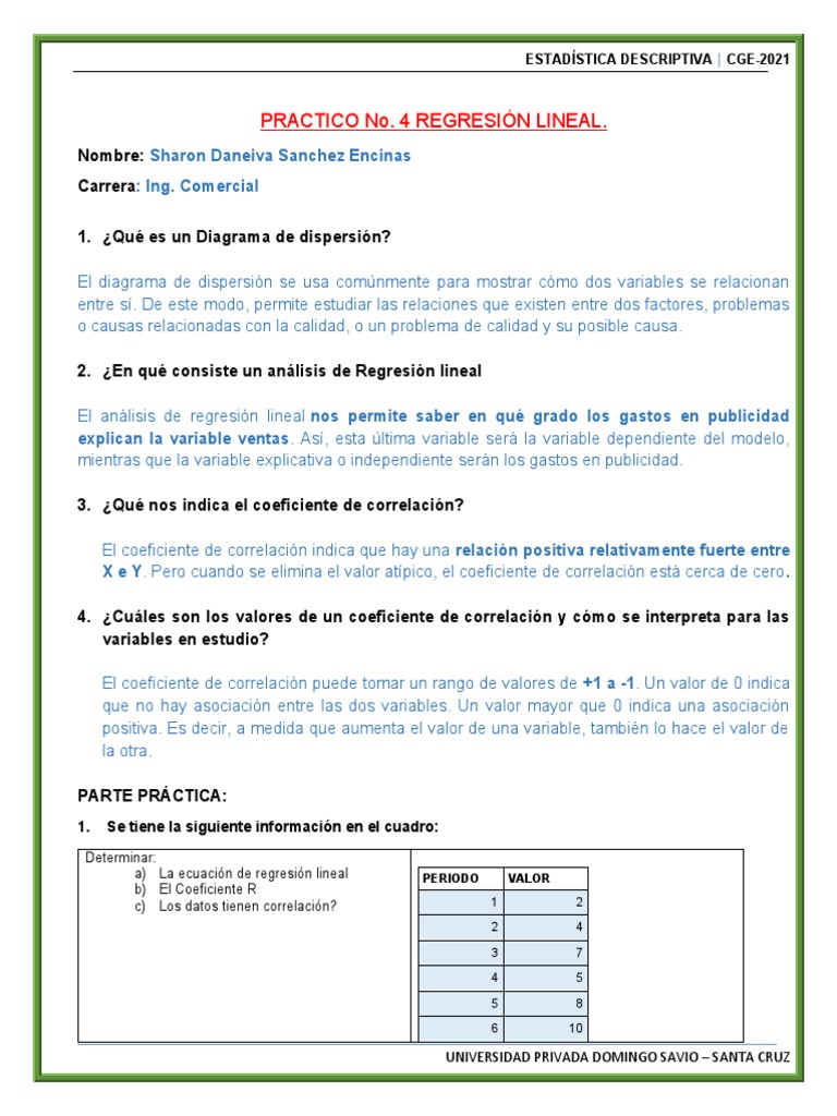 Practico # 4 - Sharon Daneiva Sanchez Encinas | PDF | Regresión lineal | Análisis de regresión