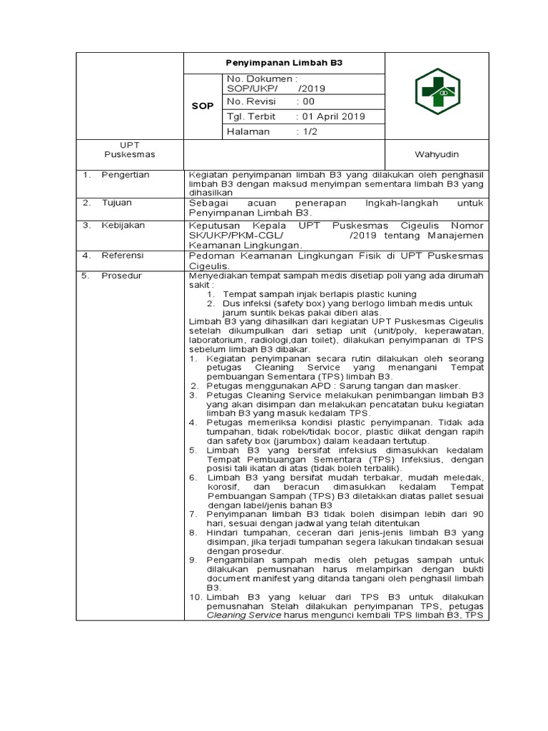 Sop Penyimpanan Limbah b3 Medis Fix | PDF
