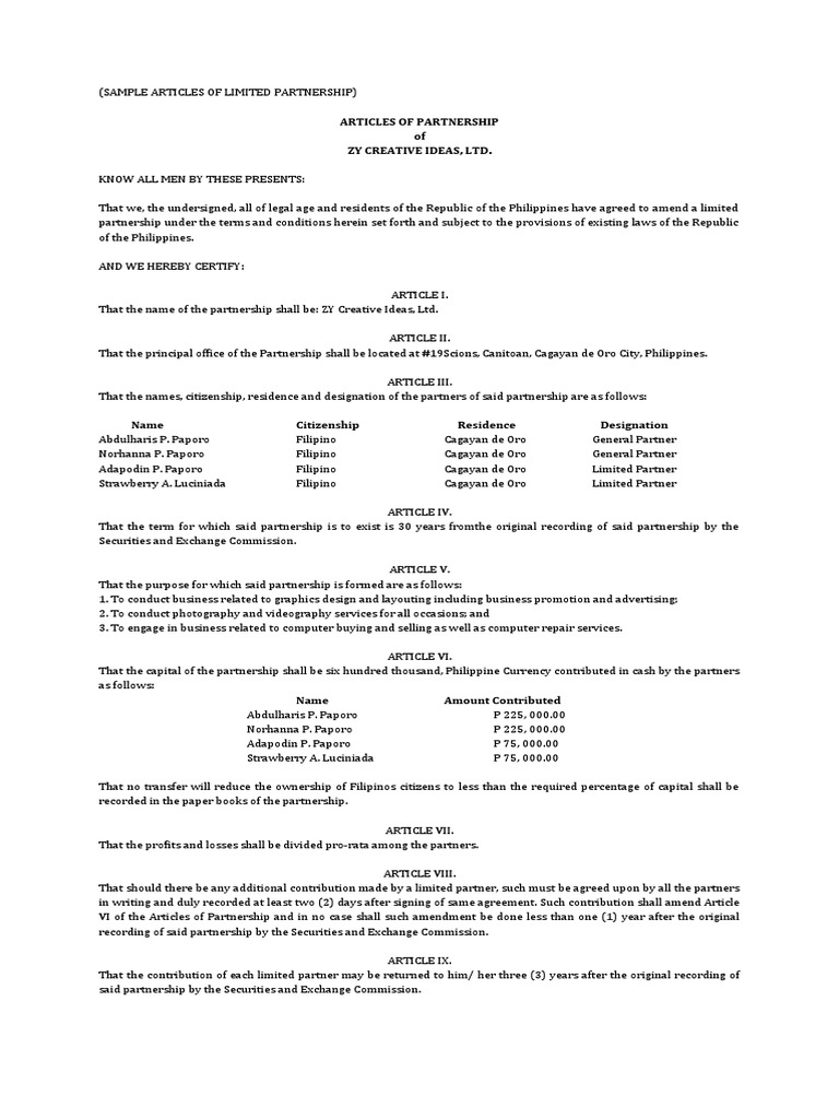 Sample Articles of Limited Partnership | PDF | Partnership | Limited ...