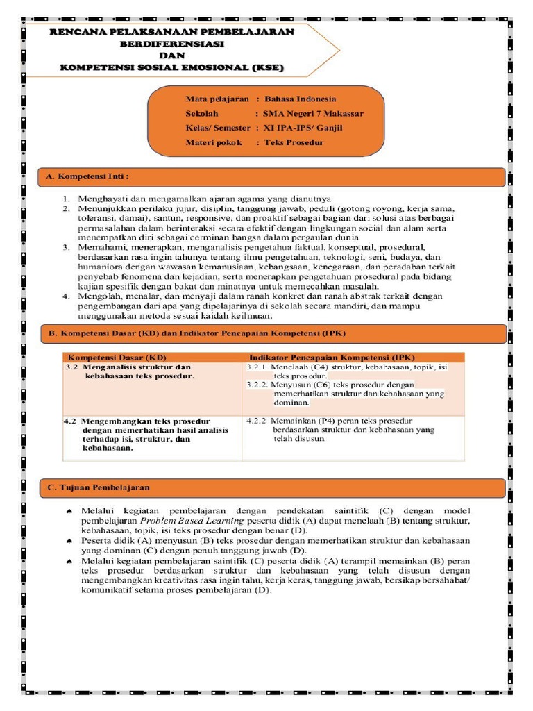 RPP Berdiferensiasi Kse Teks Prosedur | PDF