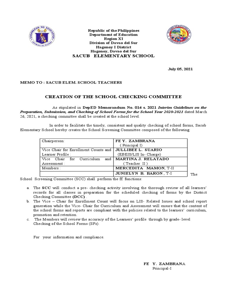 Memo School Checking Committee | PDF | Learning