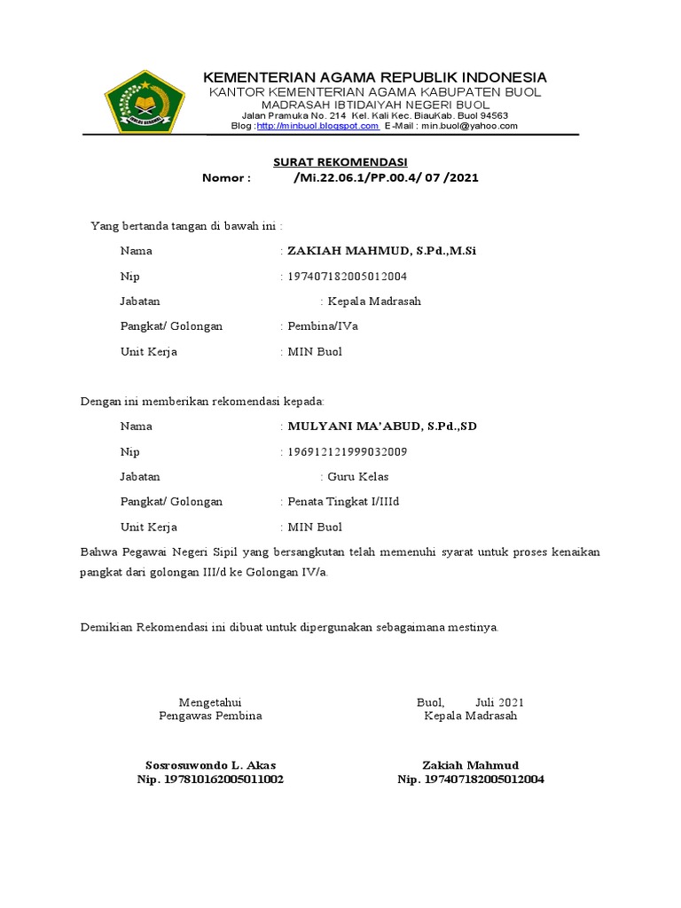 Rekomendasi Kenaikan Pangkat Guru MIN Buol | PDF
