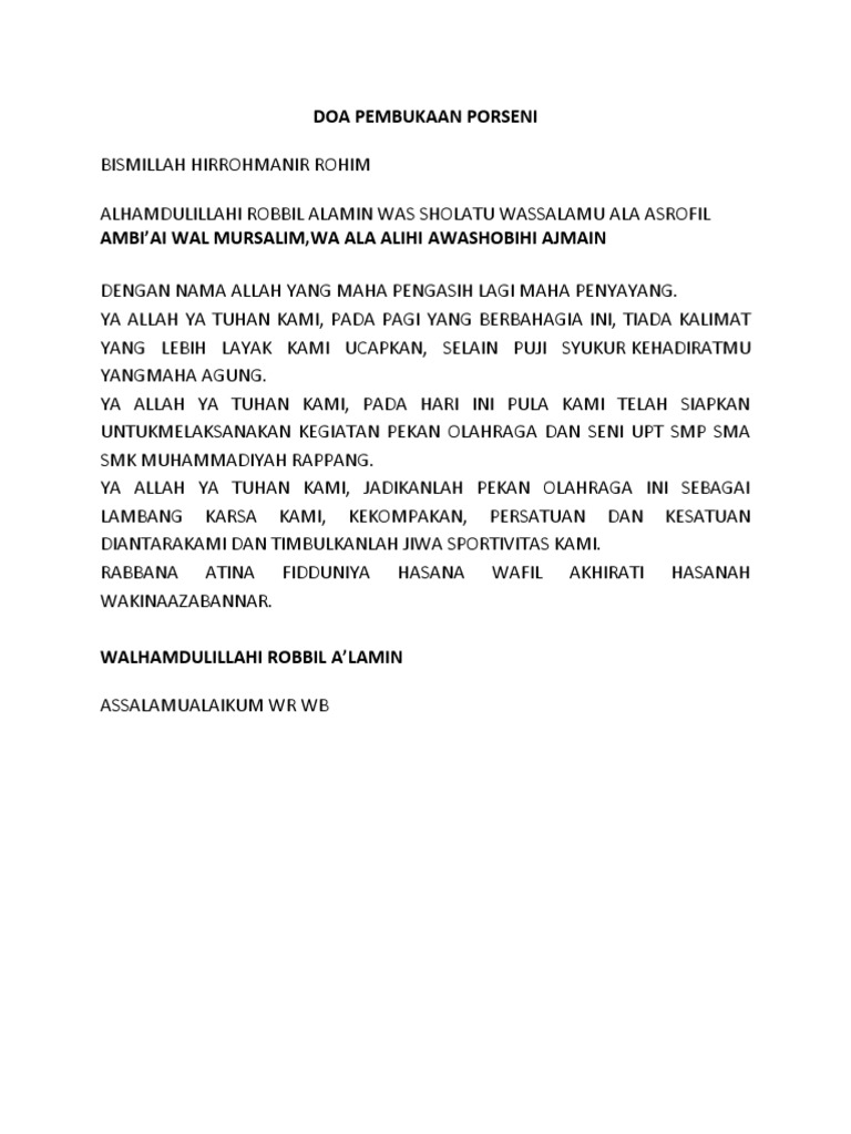 Doa Pembukaan Porseni | PDF