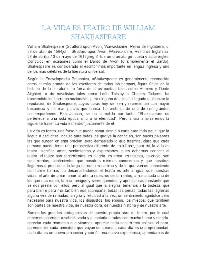 La Vida Es Teatro de William Shakeaspeare | PDF | William Shakespeare