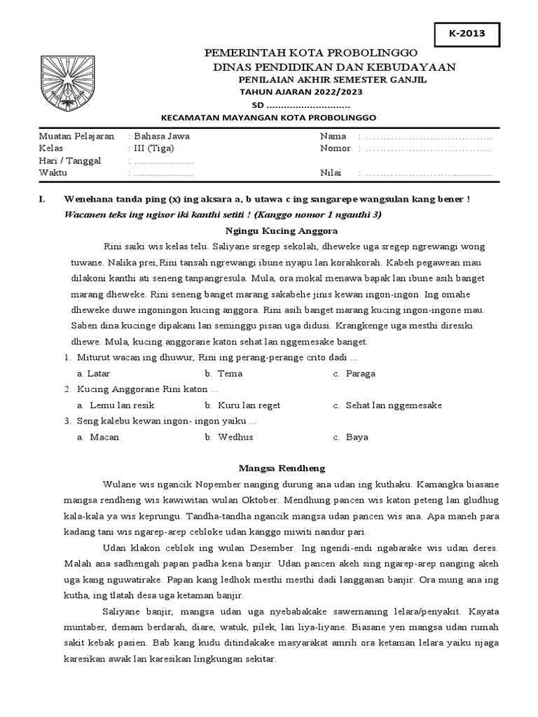 Soal Pas B.jawa 22-23 | PDF