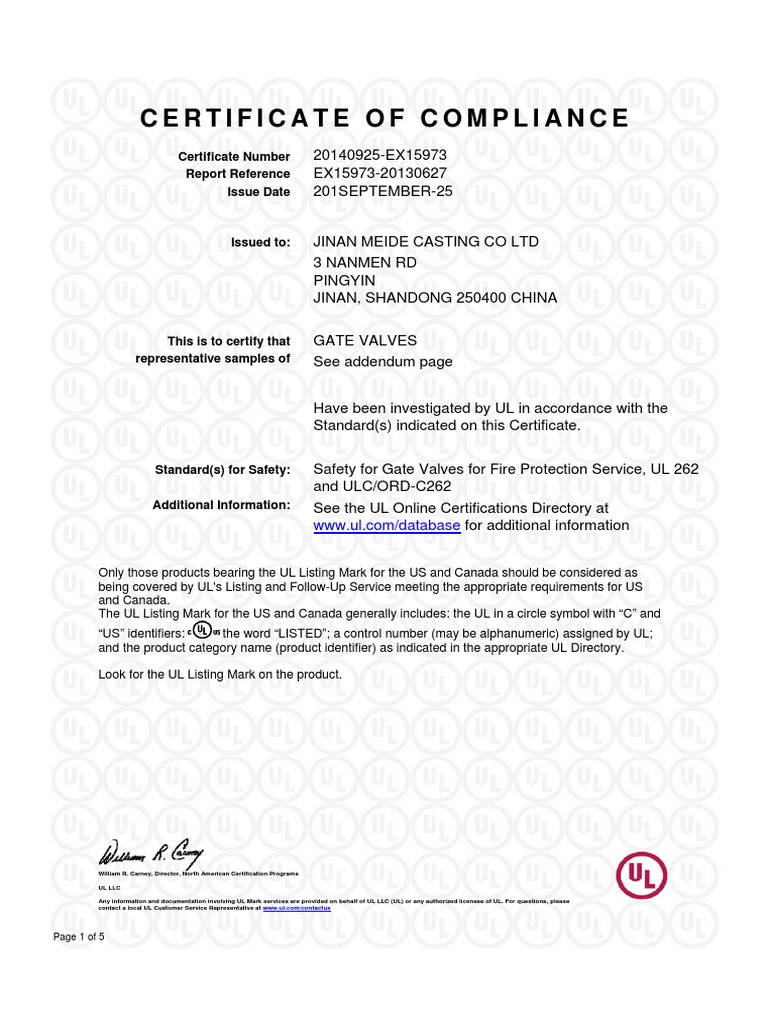 The UL Certificate of The Gate Valve-JINAN MEIDE | PDF | Mechanical ...