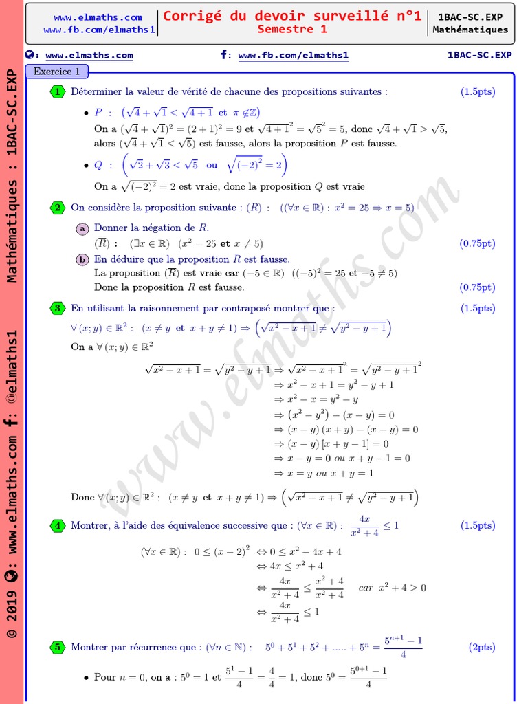Devoir 1 1BAC SC - Exp FR Solution | Download Free PDF | Courbe | Algèbre générale