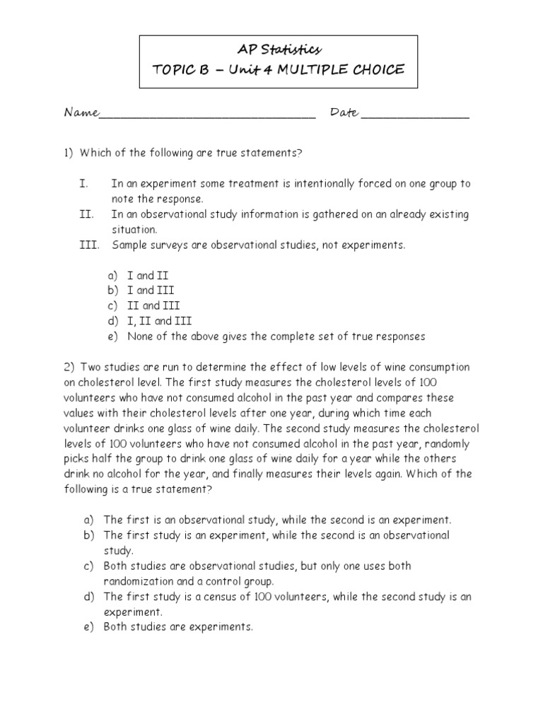 AP Statistics HW - Unit 4 MC | PDF | Experiment | Statistics