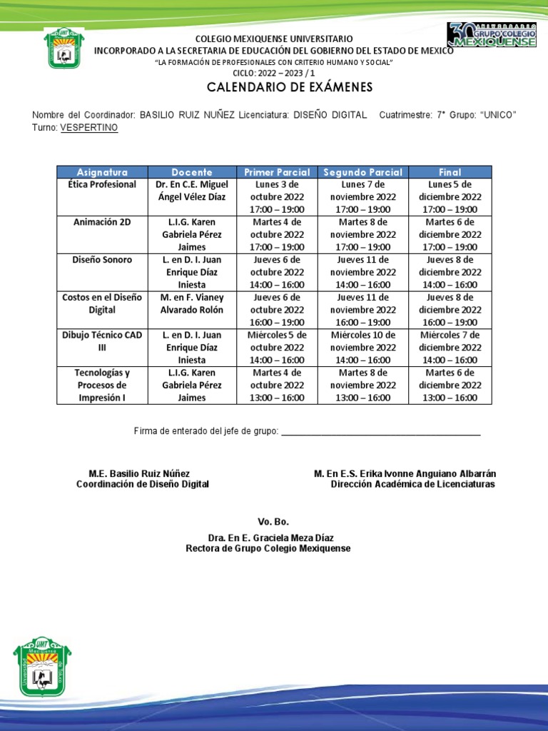 7° Cuatri Calendario de Examenes Parciales y Final | PDF